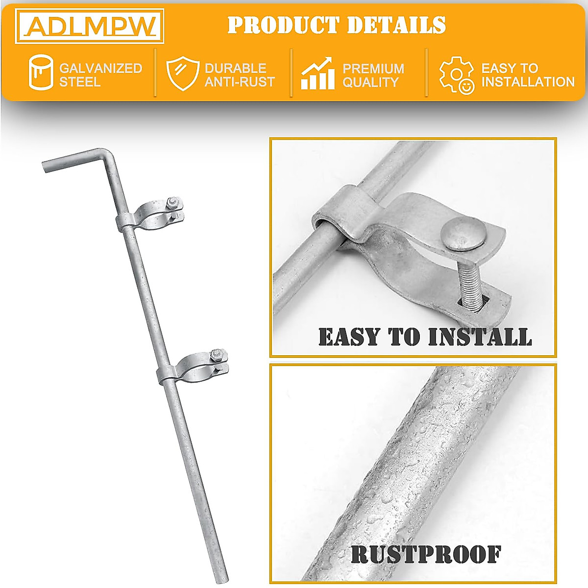 1-3/8" × 32" Gate Drop Rod, Galvanized Steel Gate Cane Bolt for Chain Link Fence, with 2pcs 1-3/8" Female gate Frame Hinge.