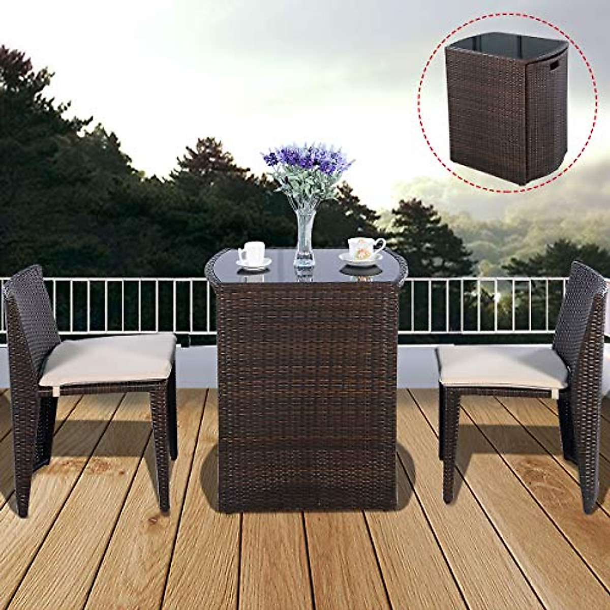 Casart 3 Pieces Wicker Patio Set Outdoor Dining Table W/Glass Top Coffee Table and 2 Wicker Chairs for Lawn, Garden Convention Bistro Set