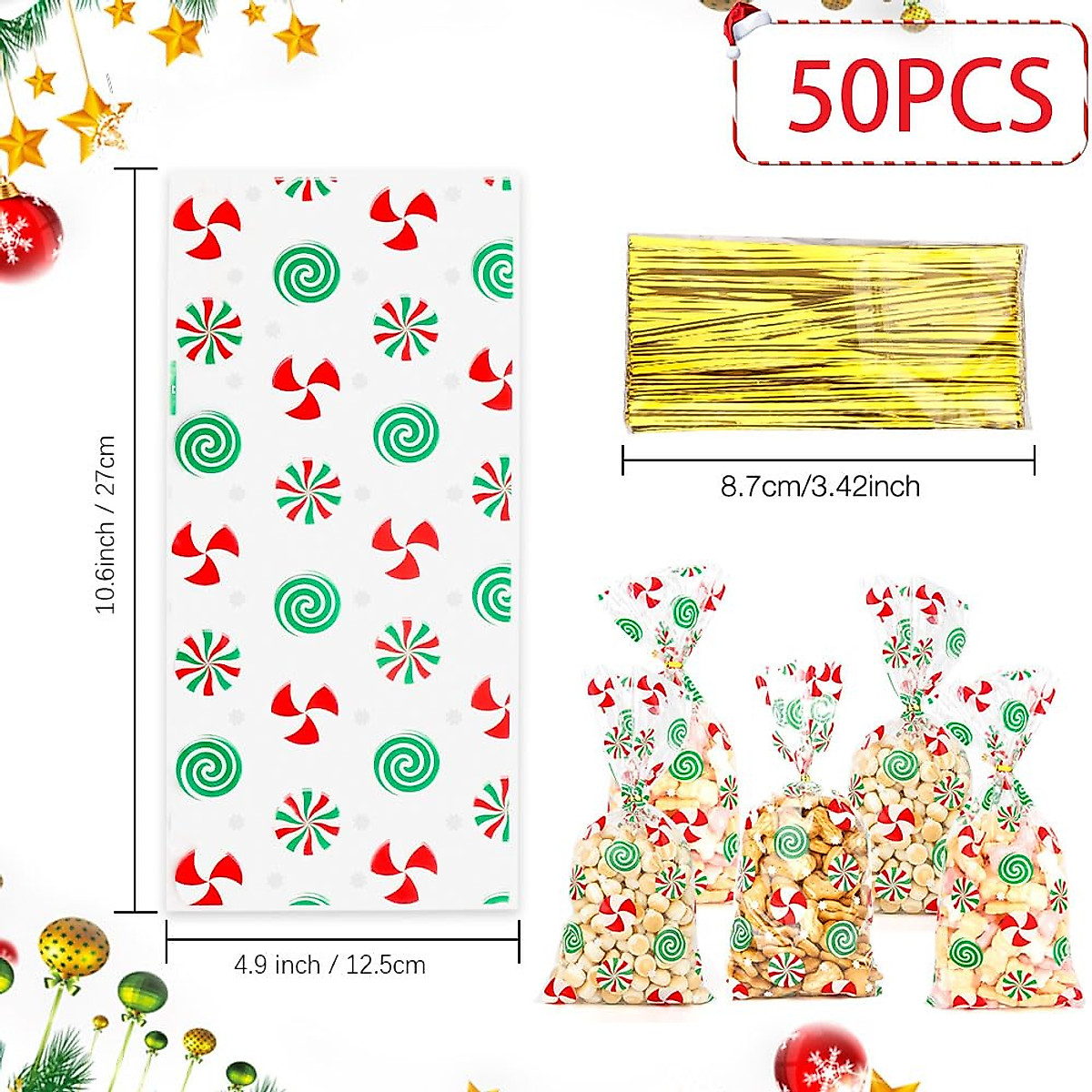 Christmas Treat Bags, Christmas Cellophane Bags, 50Pcs Christmas Candy Bags, Cellophane Treat Bags with Twist Ties, Cellophane Gift Bags Cookie Bags Goodie Bags for Xmas Holiday Party Favors Supplies