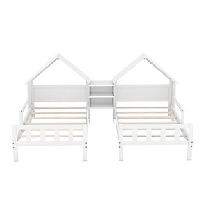 Harper & Bright Designs Double Twin Bed Frames for Kids,Wood Double Twin House Bed with House-Shaped Headboard and a Built-in Nightstand, Side by Side Montessori Twin Bed for Kids Girls Boys,White