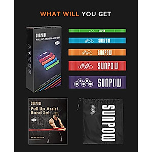 SUNPOW Pull Up Assistance Bands - Set of 5 Resistance Heavy Duty Workout Exercise Stretch Fitness Bands Assist Set for Body, Instruction Guide and Carry Bag Included