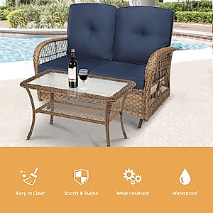 W WARMHOL 2-Person Outdoor Glider Bench Patio Double Swing Rocking Chair with Glass-Top Coffee Table, Patio Glider Wicker Porch Loveseat Seating Patio Steel Frame Chair Set with Cushion, Navy Blue