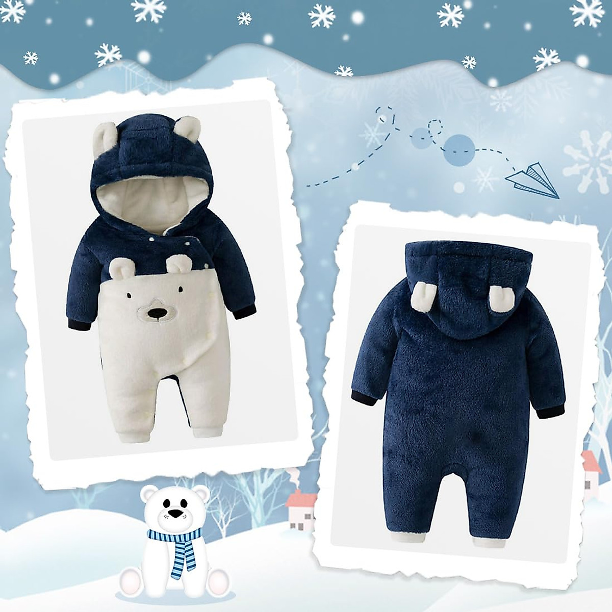 Fairy Baby Newborn Baby Cartoon Bear Snowsuit Warm Fleece Hooded Romper Jumpsuit Onesie(0-3M,Blue Bear)
