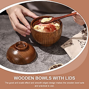 CALLARON Wood Bowl with Lid Traditional Japanese Style Noodle Rice Miso Soup Bowls Food Serving Bowl Soup Bowl Salad Bowl Rice Bowl