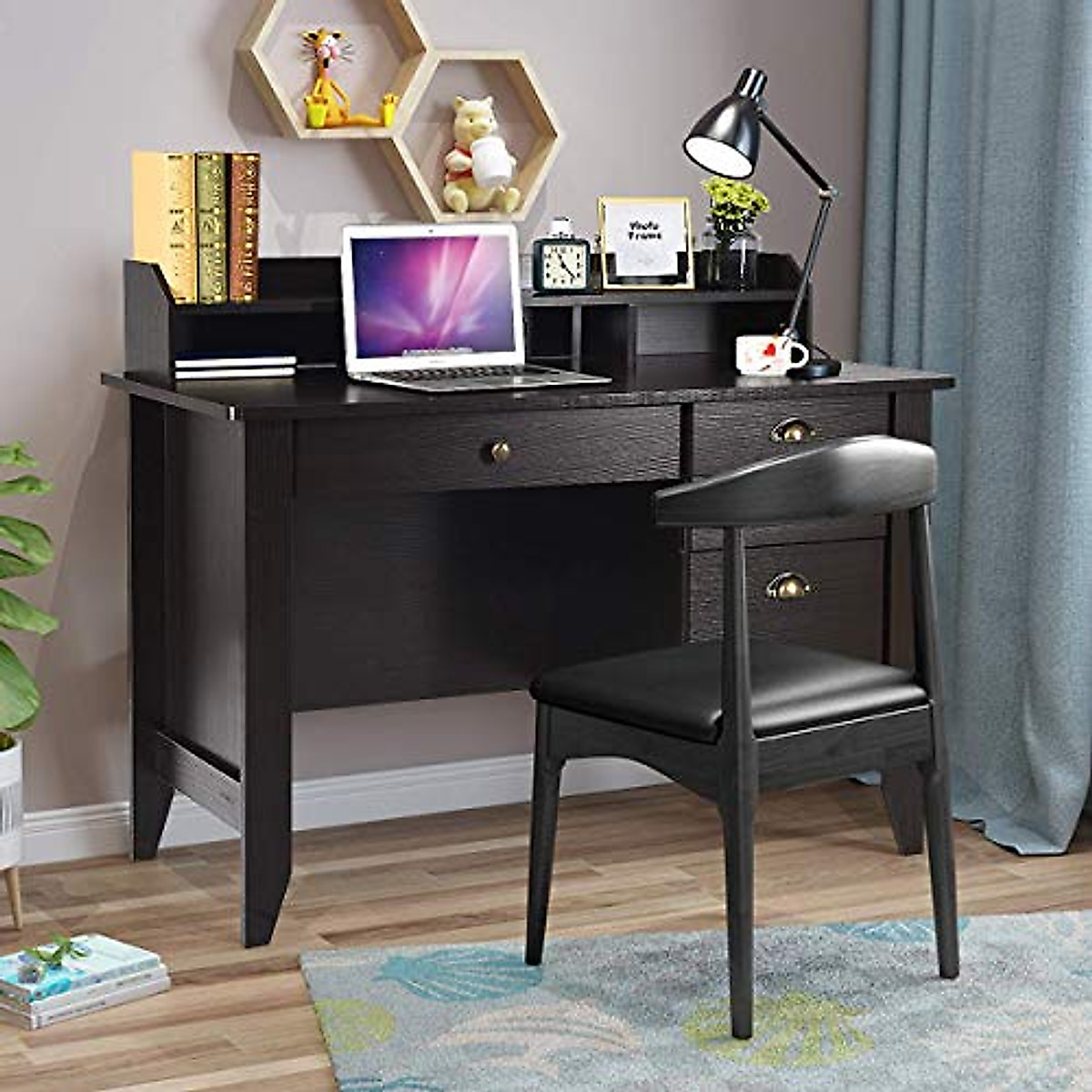 Catrimown Computer Desk with Drawers and Hutch, Wood Office Desk Teens Student Desk Study Table Writing Desk for Bedroom Small Spaces Furniture with Storage Shelves, Espresso Brown