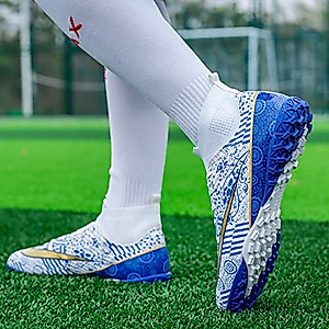 WINGFAI Men's Soccer Shoes Cleats Professional High-Top Breathable Athletic Football Shoes Outdoor/Indoor Professional Futsal Football Training Sneakers White-Blue 4 US