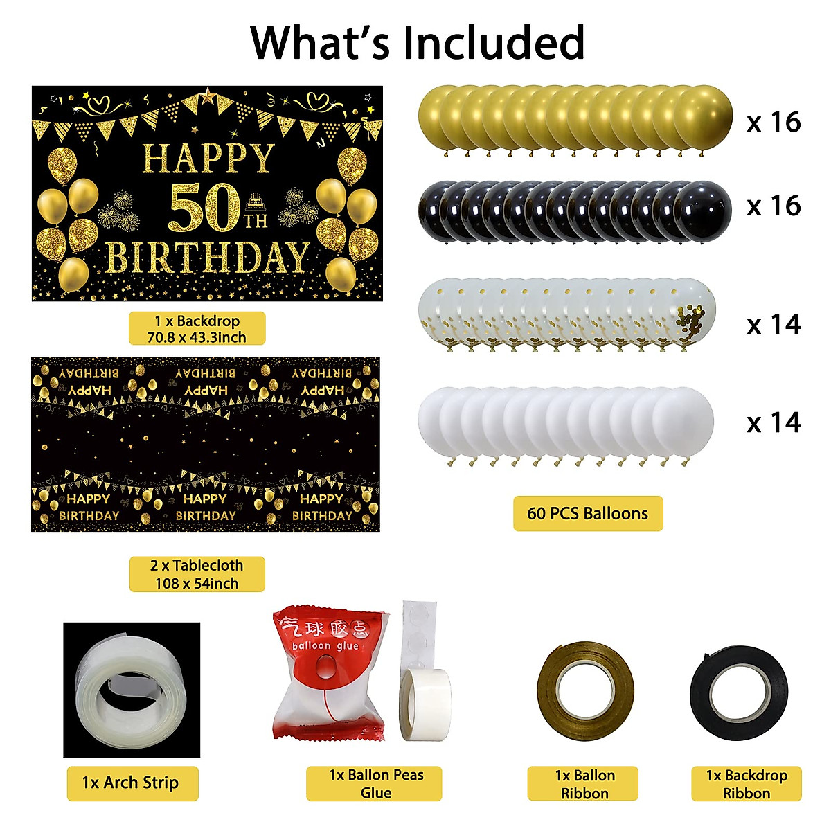 Trgowaul 50th Birthday Decorations for Men Women - Black Gold Happy 50th Birthday Backdrop Banner, 2 Pcs Happy Birthday Tablecloth, 60 Pc Latex Confetti Balloons, 50 Years Old Birthday Party Supplies