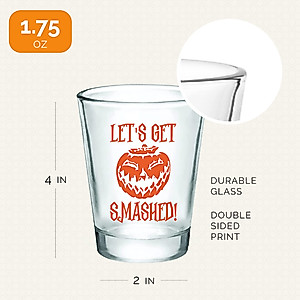 Let's Get Smashed Halloween Shot Glasses - Set of 12 Glass Decor Cups, Double Sided Print - Clear Decorative Drinking Glassware for Tequila, Vodka, Liquor Drinks - Barware for Themed Party (Orange)