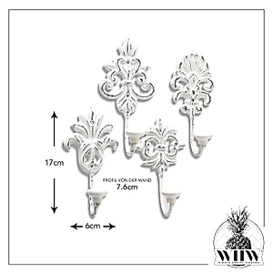 WHW Whole House Worlds Chateaux Fleur De Lis Wall Hooks, Set of 4, Shabby Distressed Finish, French Country Style,Rustic White, Cast Iron, Vintage Inspired, Porcelain Caps, Each 6 3/4
