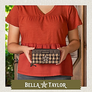 Bella Taylor Slim Card Wallet for Women | Multi Card Zip Around Wallet with RFID Protection | Quilted Cotton Farmhouse Star Black and Tan Cotton Check