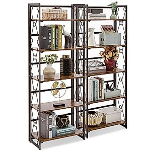 VECELO 5 Tier Folding Bookshelf, 2-Step Assembly Foldable Bookcase, Collapsible Book Shelves with Metal Lace X Frame and Anti-Toppling Design,Antique Brown,Set of 2