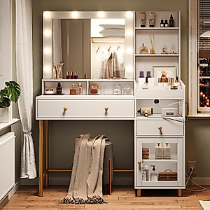 AOGLLATI Makeup Vanity with Lights in 3 Colors, Vanity Desk with Mirror and Lights, White Vanity Table with Charging Station, Makeup Desk with Unique Separation Design
