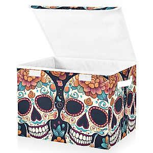 Vnurnrn Storage Cube with Lid Collapsible Flower Day Dead Skull Print, Large Capacity Foldable Storage Basket Bin Organizer 16.5×12.6×11.8 IN