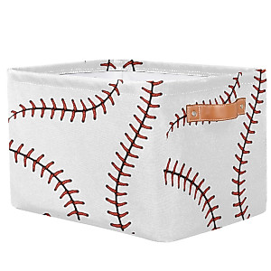 Baseball Storage Bin Basket, White Softball Large Toys Storage Cube Box with Handles, Collapsible Laundry Basket Rectangular Waterproof Storage Organizer Bin for Nursery Bedroom Shelves Gift Basket