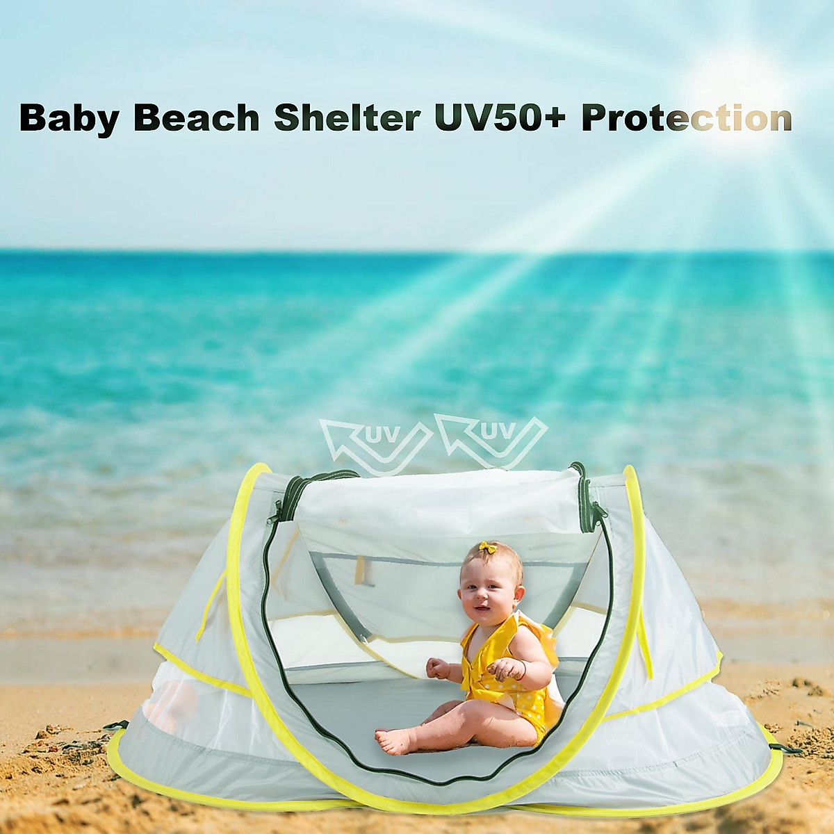 Green Pipe Baby Pop Up Tent - UPF 50+ Sun Shade with Mosquito Net, Beach Umbrella for Girls & Boys