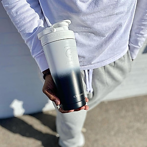 Ice Shaker Stainless Steel Shaker Bottle | 26oz, Black White Ombre | Stays Cold for 30+ Hours | Insulated Cup with Twist-on Agitator | Odor-Free Shaker Cup for Protein Shakes, Water, Smoothies