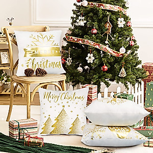 4 Pack Christmas Decorations Gold White Pillow Covers 18x18 Inch Soft Velvet Christmas Throw Pillow Covers with Christmas Tree Reindeer Snowflakes Gold Pillowcase for Christmas Winter Decorations