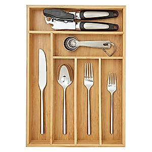 Juvale Narrow Bamboo Silverware Drawer Organizer, Wooden Cutlery Tray Holder for Kitchen, Flatware & Utensil Storage with 6 Slots, 14.5 x 10.25 x 1.75 Inches