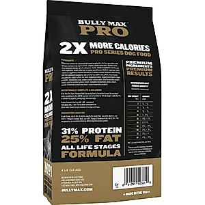 Bully Max 2X Calorie Dry Dog Food PRO Series | High Calorie High Protein Dog and Puppy Food | Healthy Weight Gain and Muscle Mass for All Breeds | 600 Calories per Cup | Slow-Cooked | 16 Lbs. Bag
