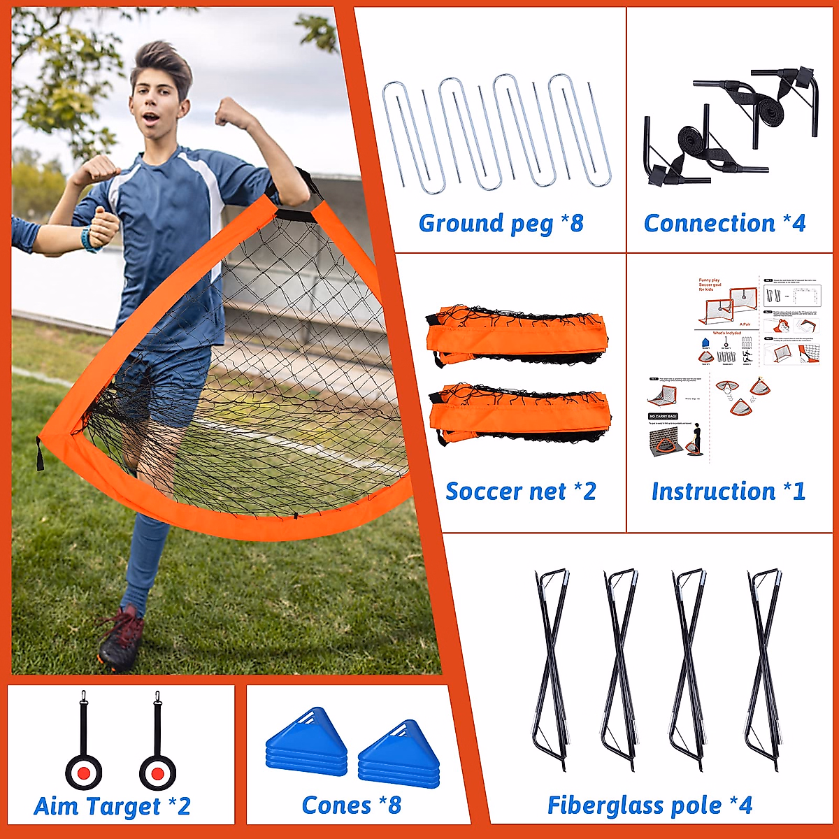 E-SDS Kids Soccer Goals for Backyard Training(Size 6'x4'), Portable Soccer Net Pop Up Soccer Goal Kits, Set of 2