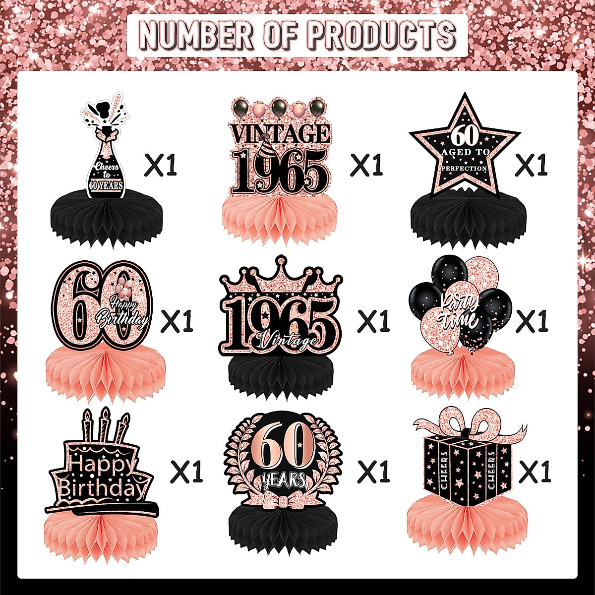 Refavor 60th Birthday Decorations Women - 9pcs 60th Birthday Decor Honeycomb Centerpieces Rose Gold Supplies 60th Birthday Party Decorations Pink Table Birthday Decorations Women