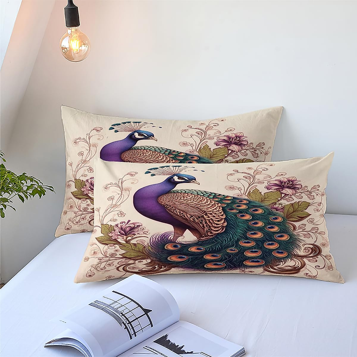 CCoutueChen Purple Peacock Duvet Cover Queen Size, Unique Exotic Animal Bedding Set Colorful Flower Bird Duvet Covers Set Boho Chic Bedding Set, with 2 Pillowcases（Girls Women Adult）