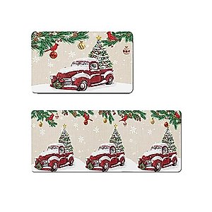 Christmas Red Truck Bath Mat for Tub,Non Slip Bathroom Floor Runner Rug Quick Dry & Absorbent Diatomaceous Earth Shower Sink Kitchen Washable Doormat,Farmhouse Pine Tree Berry Snowflake 16x24+16x47