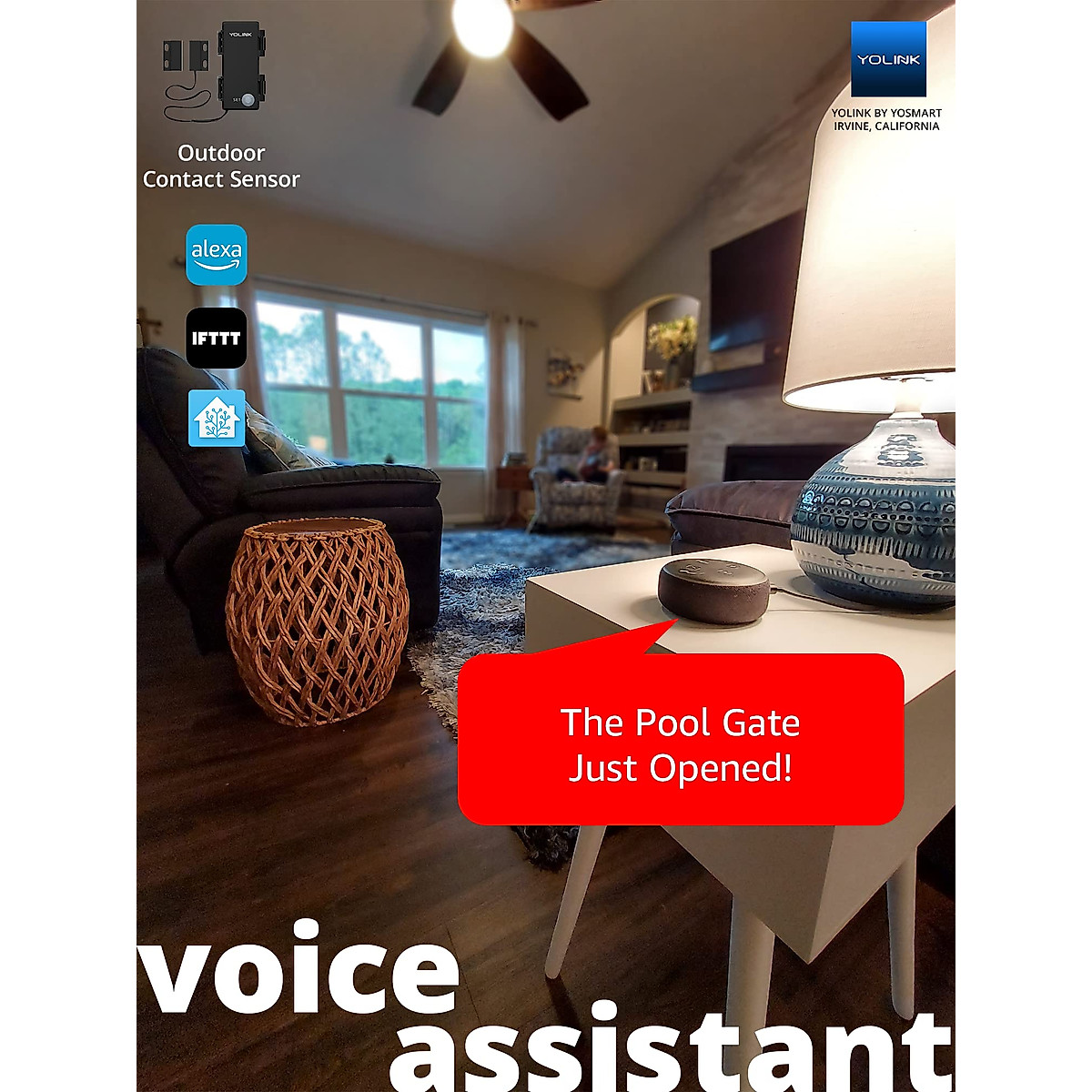 YoLink LoRa Smart Outdoor Contact Sensor & SpeakerHub Starter Kit: SpeakerHub Audio hub, (2) Gate & Shed Door Sensors, Email/SMS/Push Alerts, 1/4 Mile Open Air Range, Alexa, IFTTT, Home Assistant