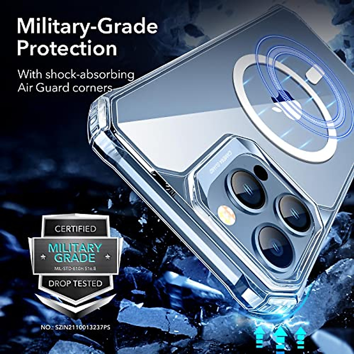 ESR Air Armor Magnetic Case with HaloLock Compatible with iPhone 13 Pro Case, Compatible with MagSafe, Military-Grade Protection, Yellowing-Resistant Hard Back, Shock-Absorbing Corners, Clear