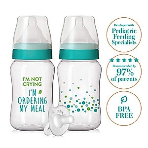 Evenflo Feeding Balance + Wide Neck Printed Bottles, 9oz 2pk, with Pacifier