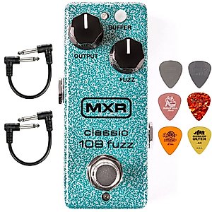 MXR M296 Classic 108 Fuzz Mini Effects Pedal Bundle with 2 Patch Cables and 6 Dunlop Picks