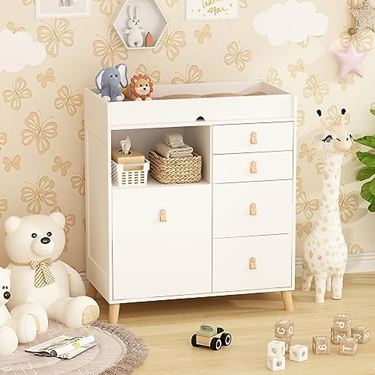 Timechee Baby Changing Table Dresser, 33.5" Baby Nursery Dresser with Drawers & Shelf, Wooden Storage Dresser Chest w/Changing Station for Infant Kids Bedroom, White