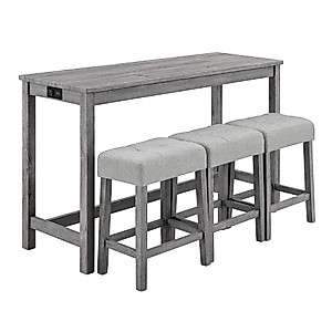 LKTART 4 Piece Bar Table Set Dining Bar Table and Chairs Set with Power Outlet Industrial Breakfast Table with 3 Padded Stools Rustic Bar Kitchen Dinning Room Living Room Grey