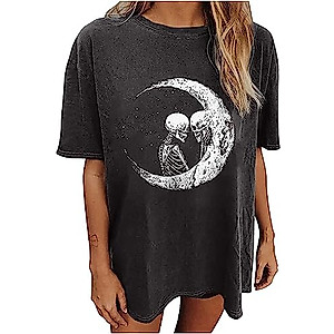 Y2K Moon Skull Skeleton Oversized T Shirt Bleached Halloween Funny Graphic Vintage Tees for Women Girls Casual Summer Loose Round Neck Short Sleeve Tops-L
