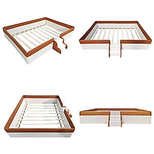 Merax Queen Size Upholstered Kids Daybed Frame with Fence and Stairs, Wood Bed for Living Room, Floor Bed, White+Brown