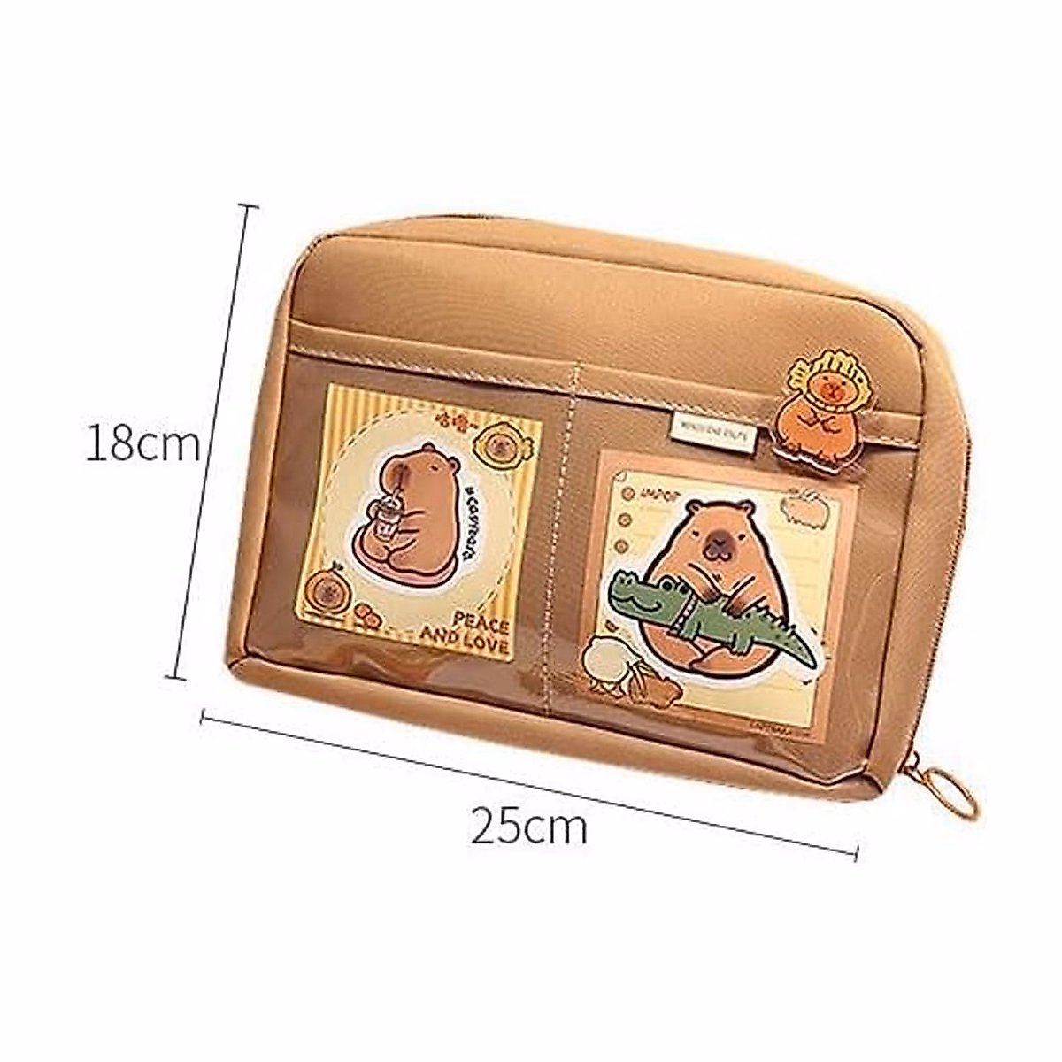 LEEWENYAN Capybara Pencil Case with 12 Compartments 90° Wide Opening Mouth Pencil Pouch with Kawaii Pins Plush Cute Stationery (Brown)