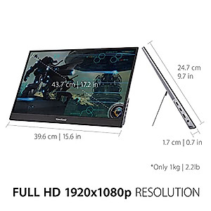 ViewSonic VX1755 17 Inch 1080p Portable IPS Gaming Monitor with 144Hz, AMD FreeSync Premium, 2 Way Powered 60W USB C, Mini HDMI, and Built in Stand with Cover for Home and Esports, 9.7"x15.6"x0.7"