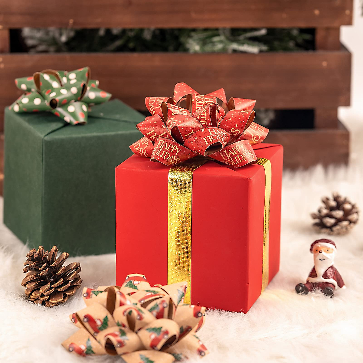 RUSPEPA Kraft Paper Christmas Gift Bow Assortment - Red, Green and White Design for Christmas, Holiday, Birthday, Wedding, Baby Shower - Total 15 Bows, 3 Size