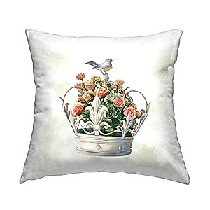 Stupell Industries Bird Perched Regal Crown Pink Rose Bouquet Design by Ziwei Li Throw Pillow, 18 x 18, Green