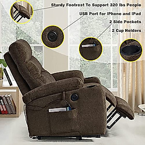 THIHOME Electric Power Lift Recliner Chair Sofa with Massage and Heat for Elderly, 3 Positions, 2 Side Pockets and Cup Holders, USB Ports, High-end Quality Fabric for Home Living Room Bedroom, Brown