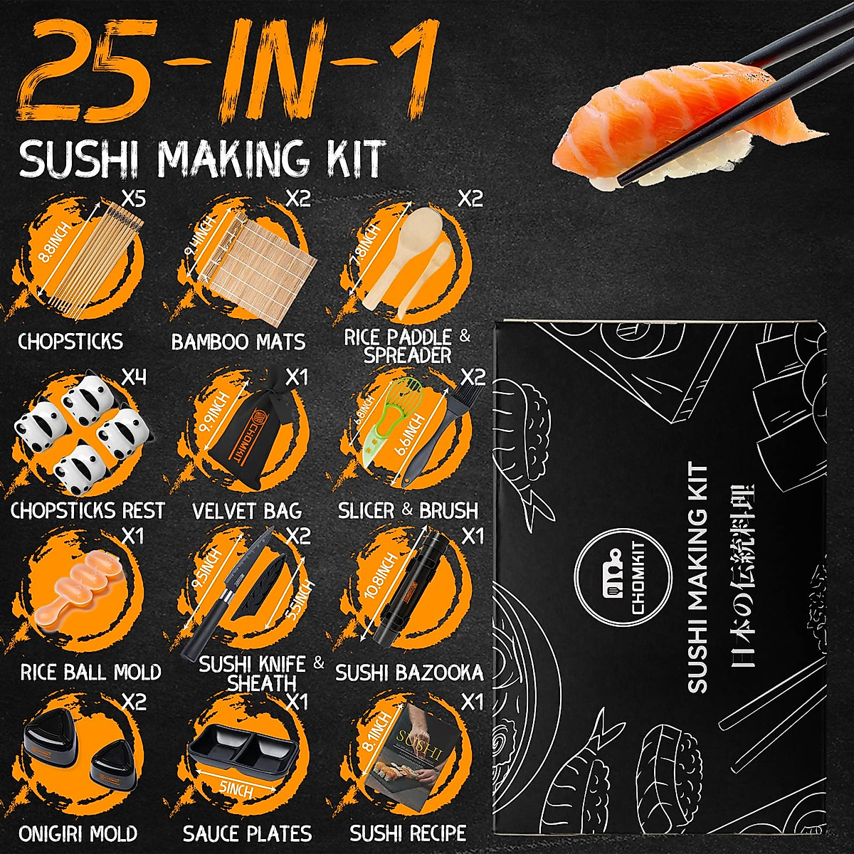 CHOMKIT Sushi Making Kit for Beginners, 25 in 1 Sushi Bazooka Kit with Sushi Mat, Sushi Mold, Sushi Knife, Chopsticks with Guide Book, Deluxe Edition DIY Sushi Machine for Kids