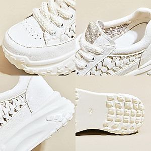 Women's Leather Platform Increasing Lace Up Sneakers Chunky Bottom Low Top Trainers Casual Fashion Woven Hollow Breathable Non-Slip Sport Walking Dad Shoes (Red,3,Female)