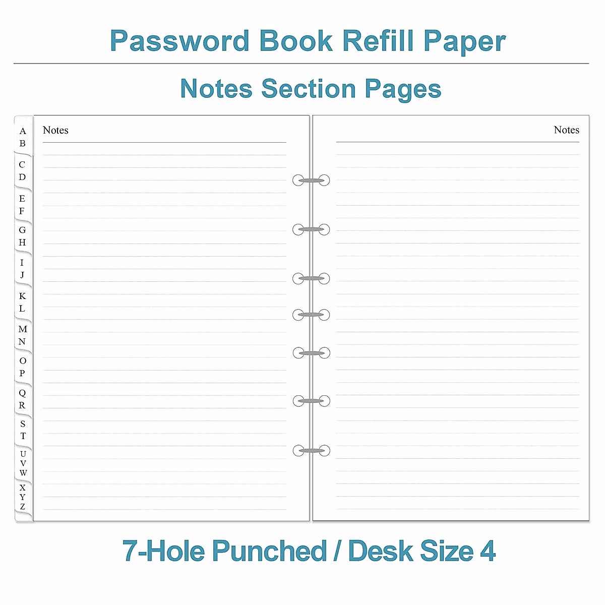 Password Book Refills - A-Z Password Notebook Refill Paper with Alphabetical Tabs, 120gsm White Paper, 7-Hole/Desk Size 4, 5.8" x 8.3"
