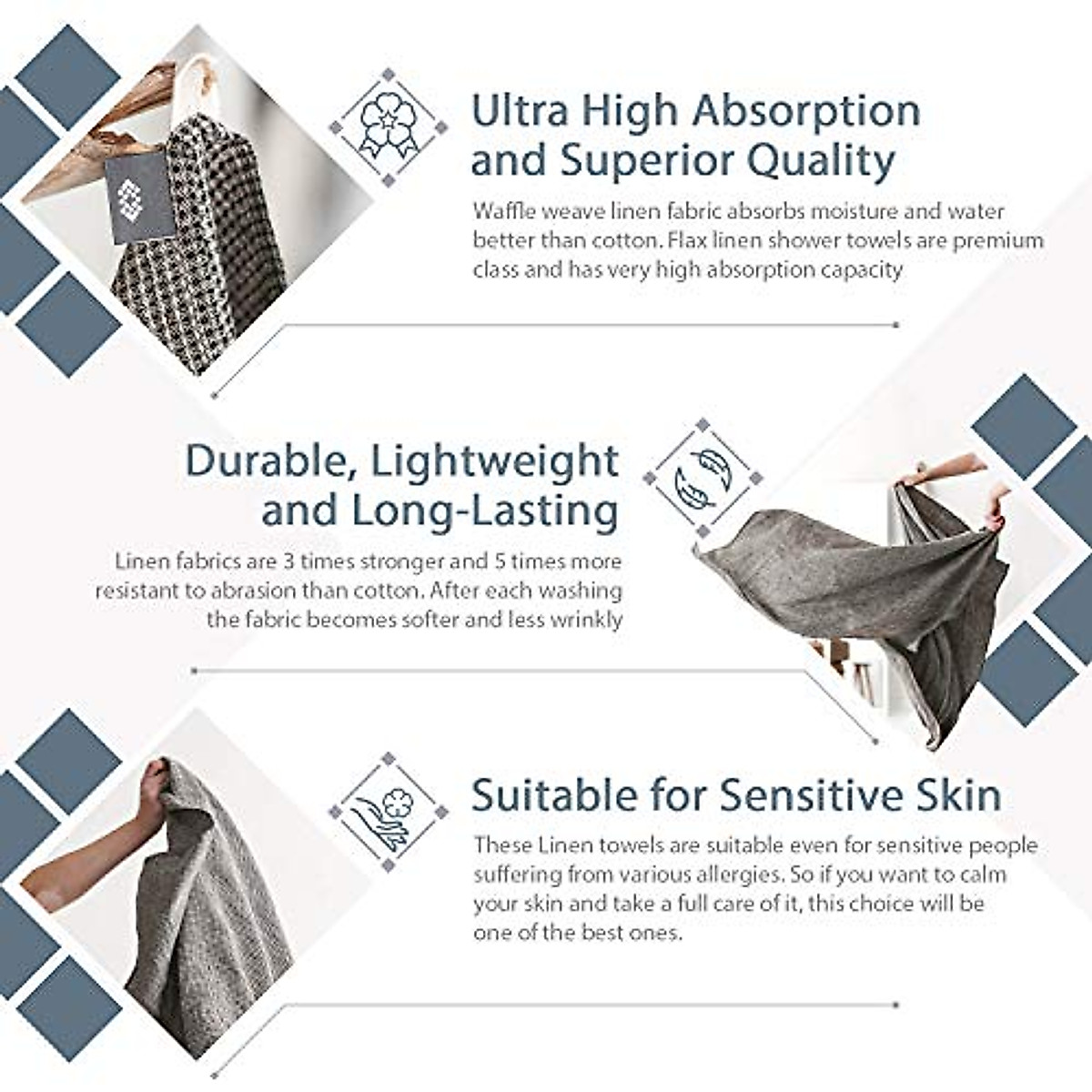 Thing Stories Fingertip Towels for Bathroom - Pure 100% Flax Linen Washcloths - 3-Pack 12x18-inch Linen Face Cloths - Black-Natural Waffle Weave Wash Clothes - Linen Exfoliating Face Towel for Women