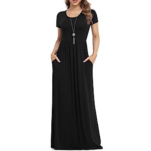 VIISHOW Women's Short Sleeve Loose Plain Maxi Dresses Casual Long Dresses with Pockets(Black, X-Large)