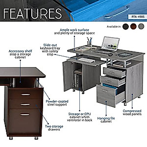 Techni Mobili 47.25" Ergonomic Computer Drawers & File Cabinet for Home Office Storage, Espresso Writing Desk, ONE Size