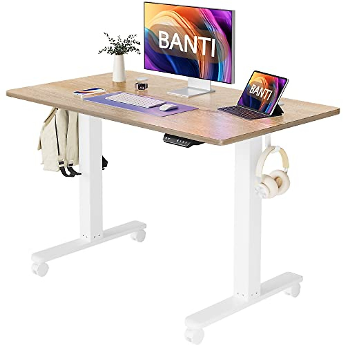 BANTI Standing Desk, 48 x 24 Inch Electric Stand up Height Adjustable Home Office Table, Sit Stand Desk with Splice Board, Maple