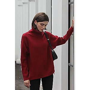 LANYO LILI Women Turtleneck Long Batwing Sleeve Spilt Hem Casual Oversized Pullover Sweater Knit Tops Burgundy