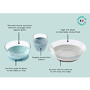 BEABA 3-Piece Duralex Glass Meal Set with Silicone Suction, Toddler Plate and Baby Bowls with Suction, Non Slip Kids Dinnerware Set, 2.5x Stronger than Regular Glass, (Rain)