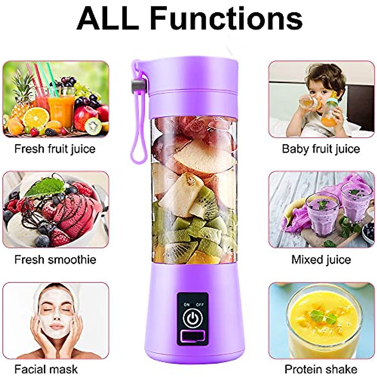Portable Blender, Personal Sizes Juice Blenders Shake, Mini Smoothie Jucier Blender Cups for Shakes and Smoothies, Electric USB Rechargeable Juicer Machine, Portable Smoothie Maker Blender Jet with 6 Blades(Purple)